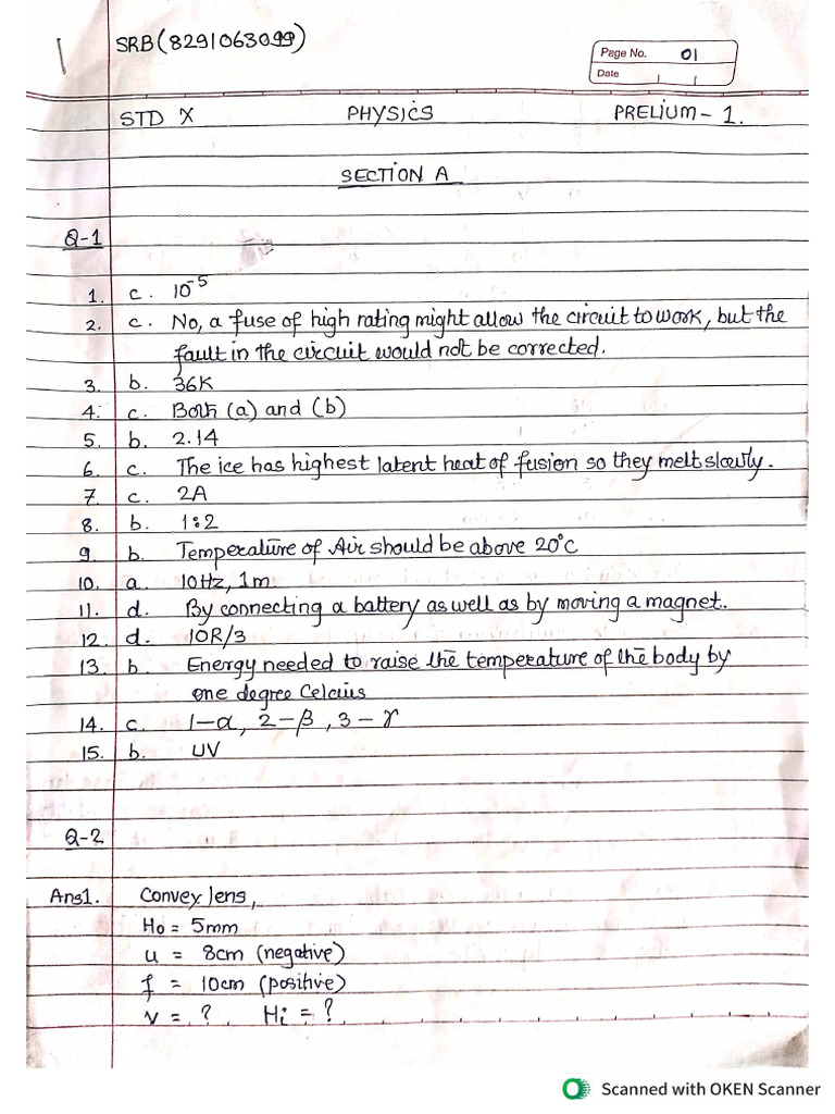 Phy Std x Prelim-1 Soln - By Srb | PDF