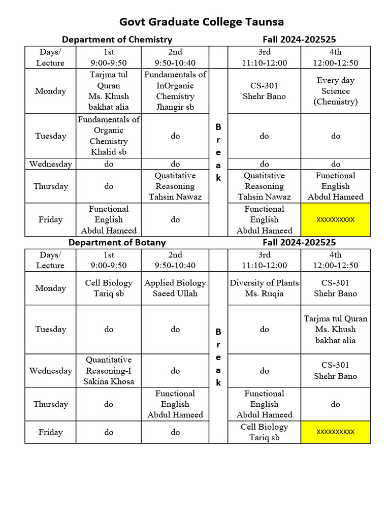 1st Semseter Time Table Mor | PDF | Natural Sciences