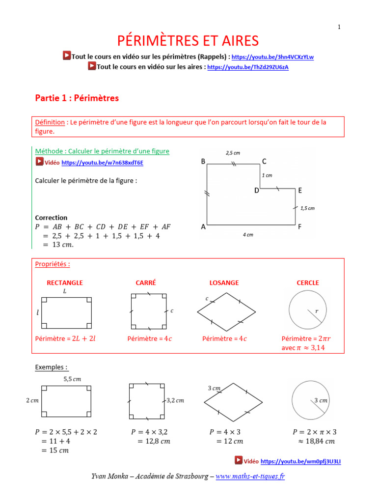 Périmètres et aires : cours complet | PDF | Zone | Géométrie