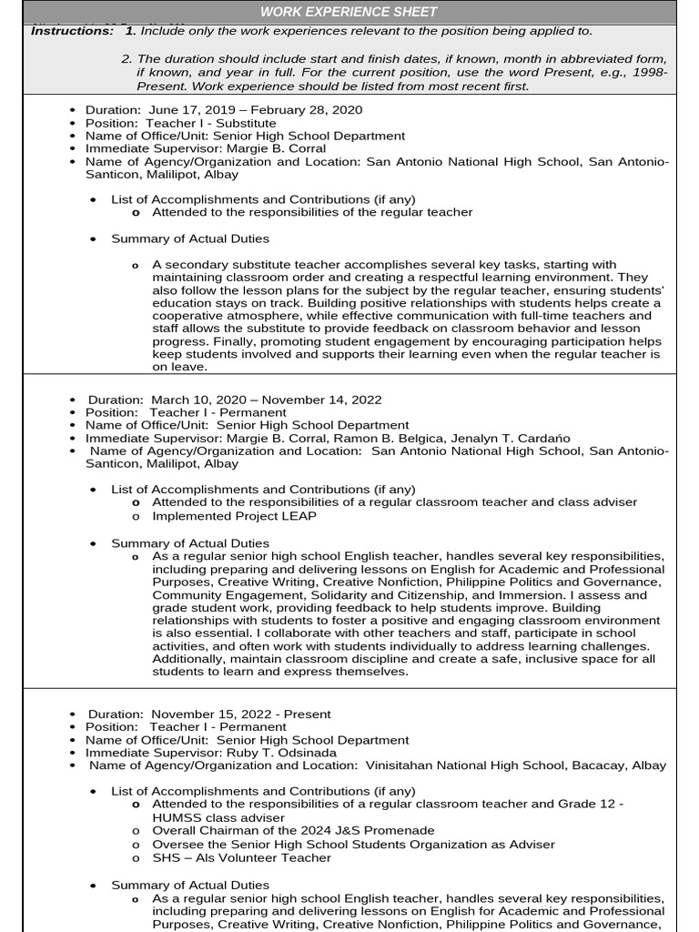 CS Form No. 212 Attachment - Work Experience Sheet | PDF | Teachers ...