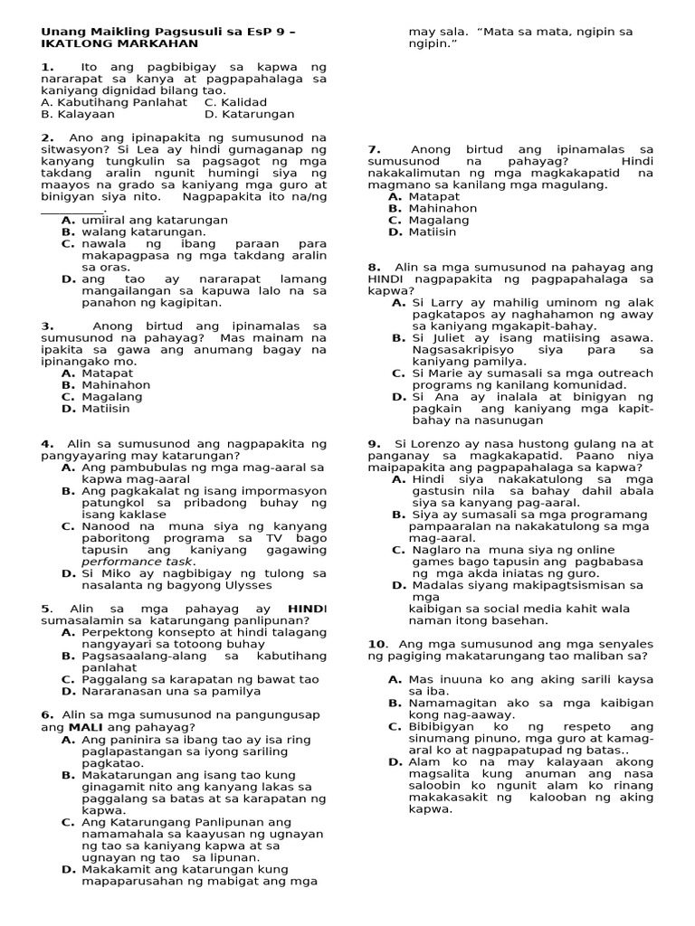 Maikling Pagsusulit 1 Q3 - VE 9 | PDF