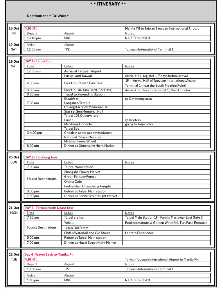 Taiwan-Itinerary-2024 | PDF | Taipei
