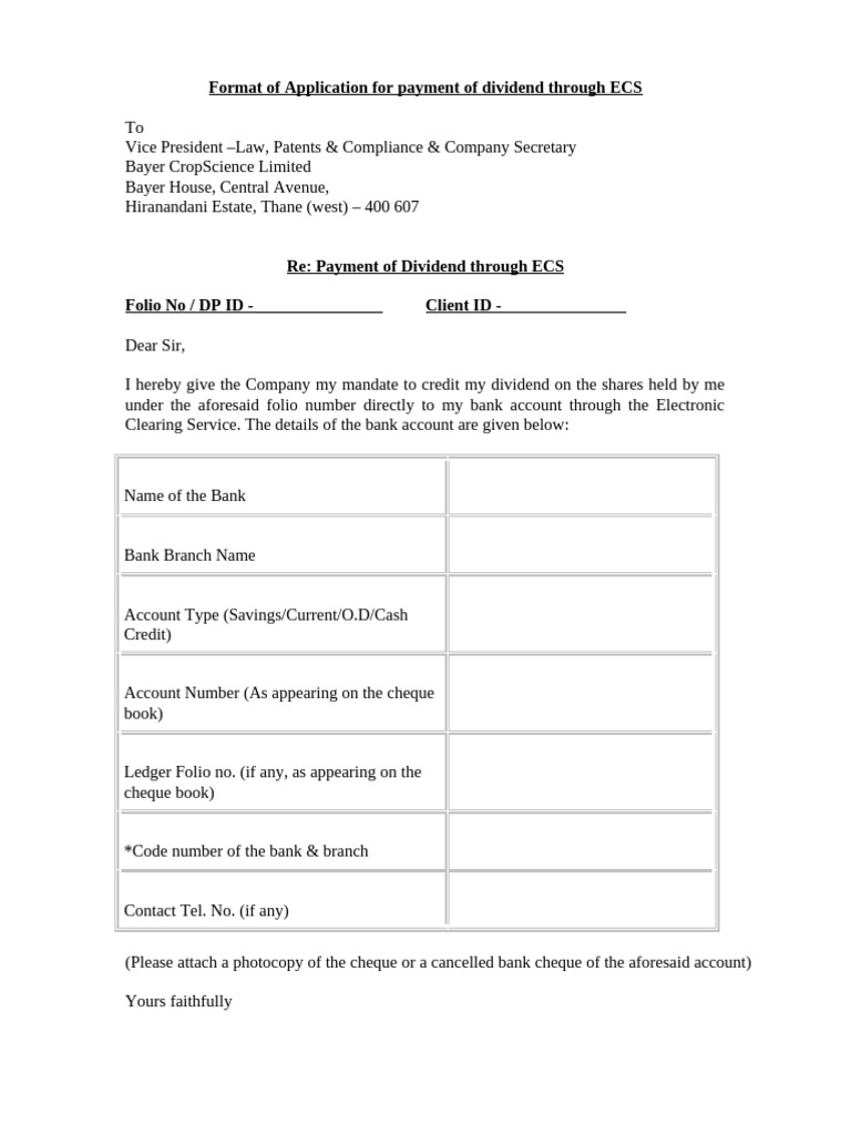 ECS Dividend Payment Application Format | PDF