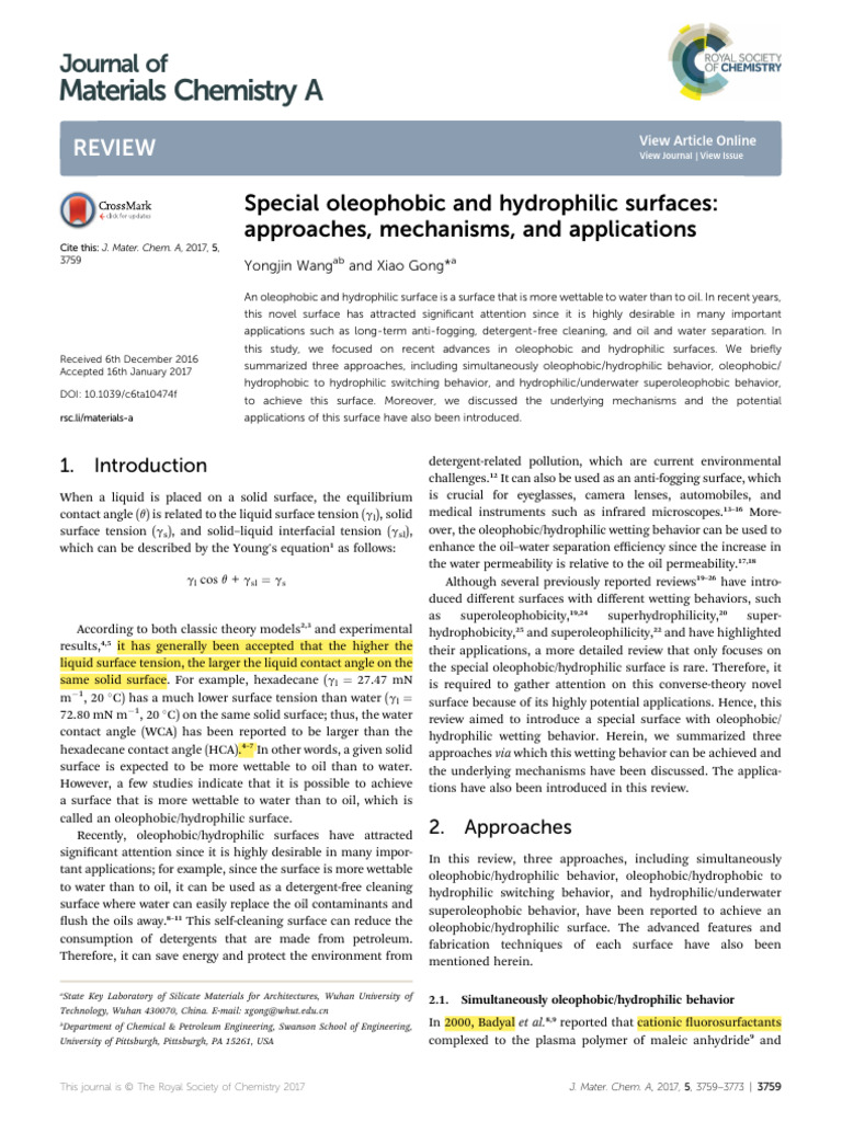 Special Oleophobic and Hydrophilic Surfaces | PDF | Wetting | Chemistry