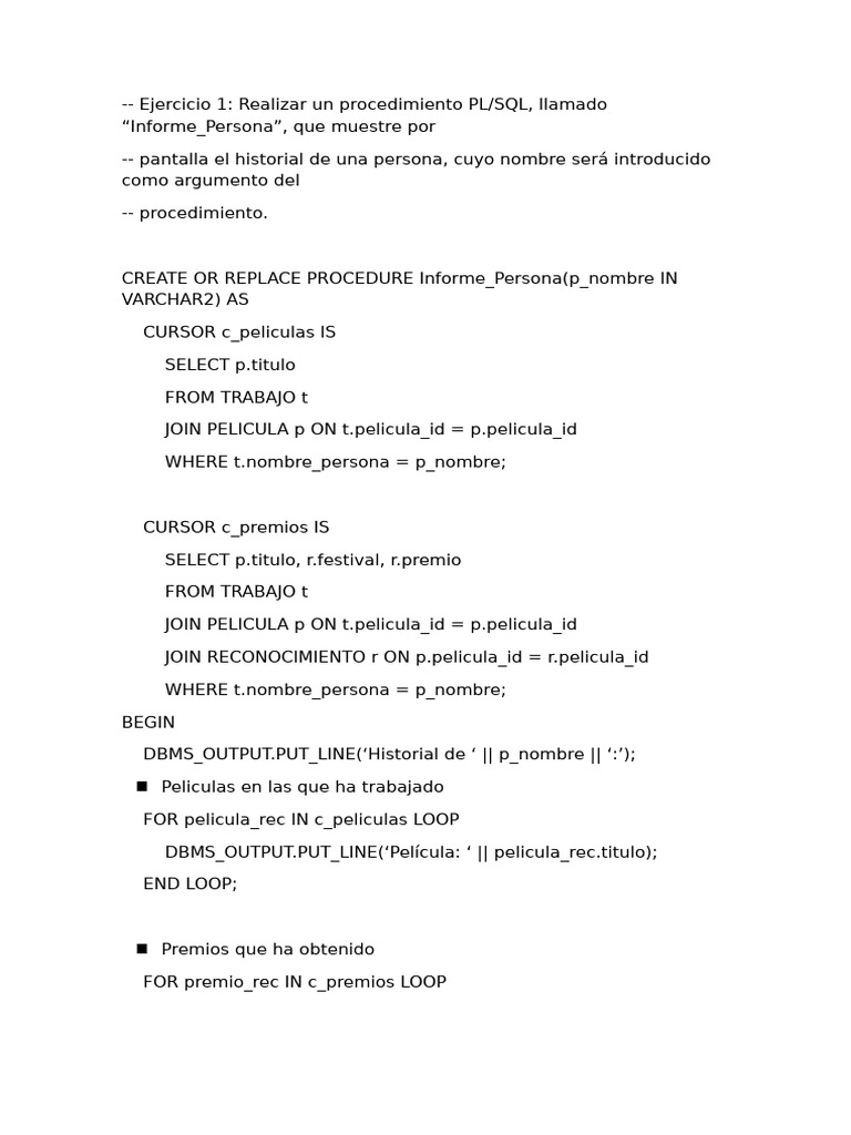 Procedimientos PL/SQL y Gestión de Datos | PDF | Pl / Sql | SQL