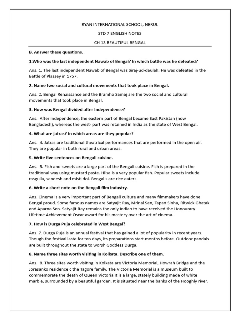 STD 7 English Notes: Bengal & Poetry | PDF | Bengal | South Asia