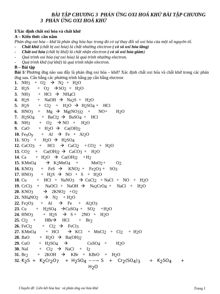 bai tap luyen tap ve phan ung oxi hoa khu | PDF