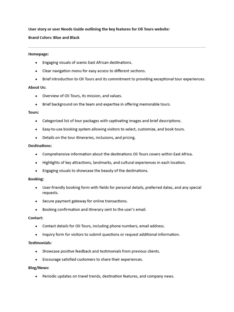 User story or user Needs Guide outlining the key features for Oli Tours ...