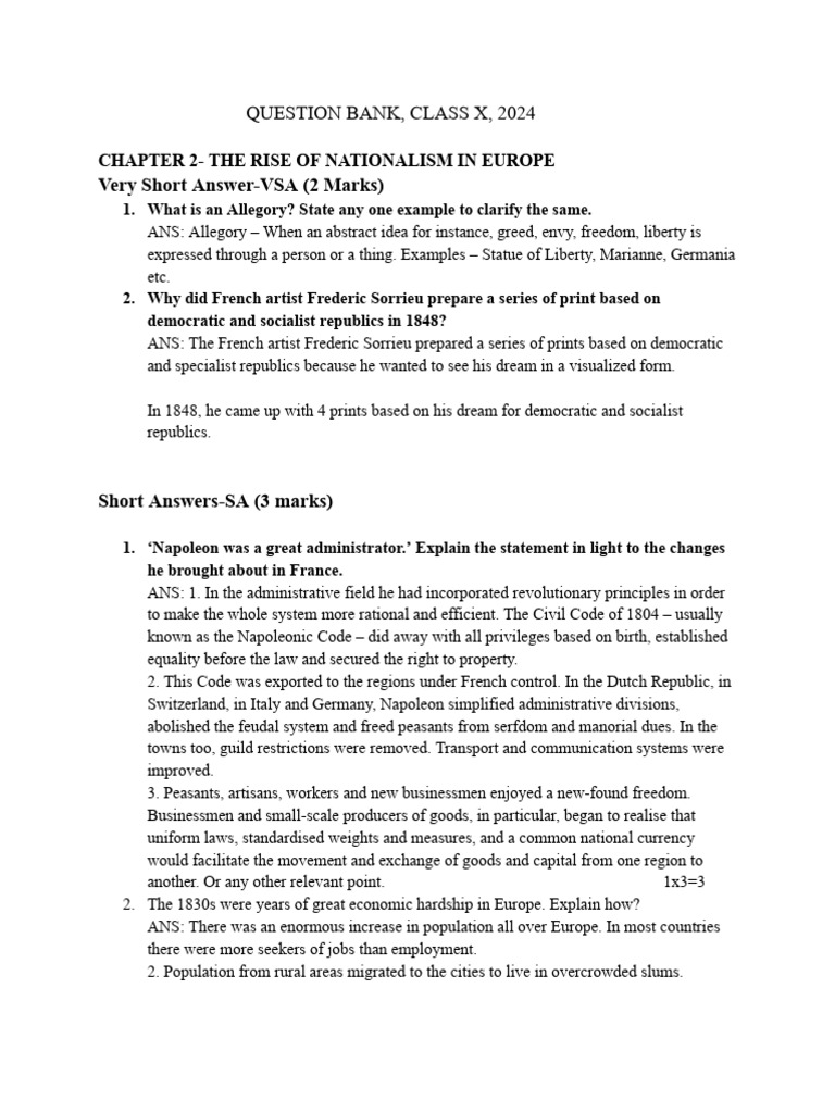 Question Bank, History, Class X, 2024 | PDF | Balkans | Kingdom Of Prussia