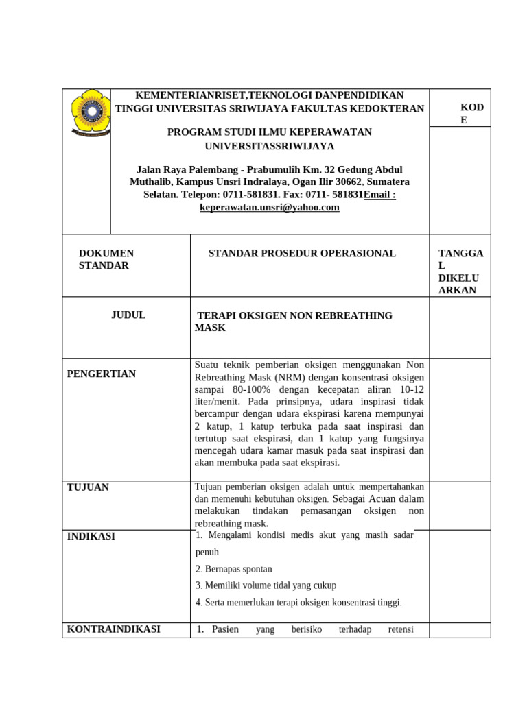 Sop Terapi Oksigen Non Rebreathing Mask | PDF