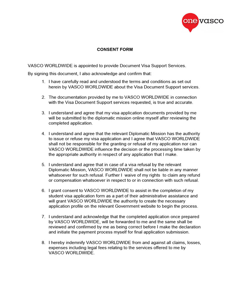 One Vasco Consent Form | PDF | Visa Inc. | Travel Visa
