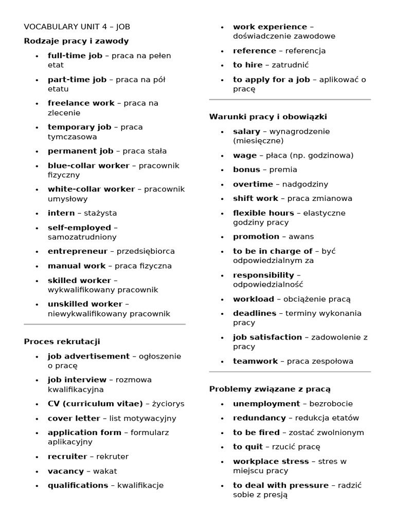 Matura Unit 4 - Praca Vocabulary Level Advanced Rozszerzona | PDF