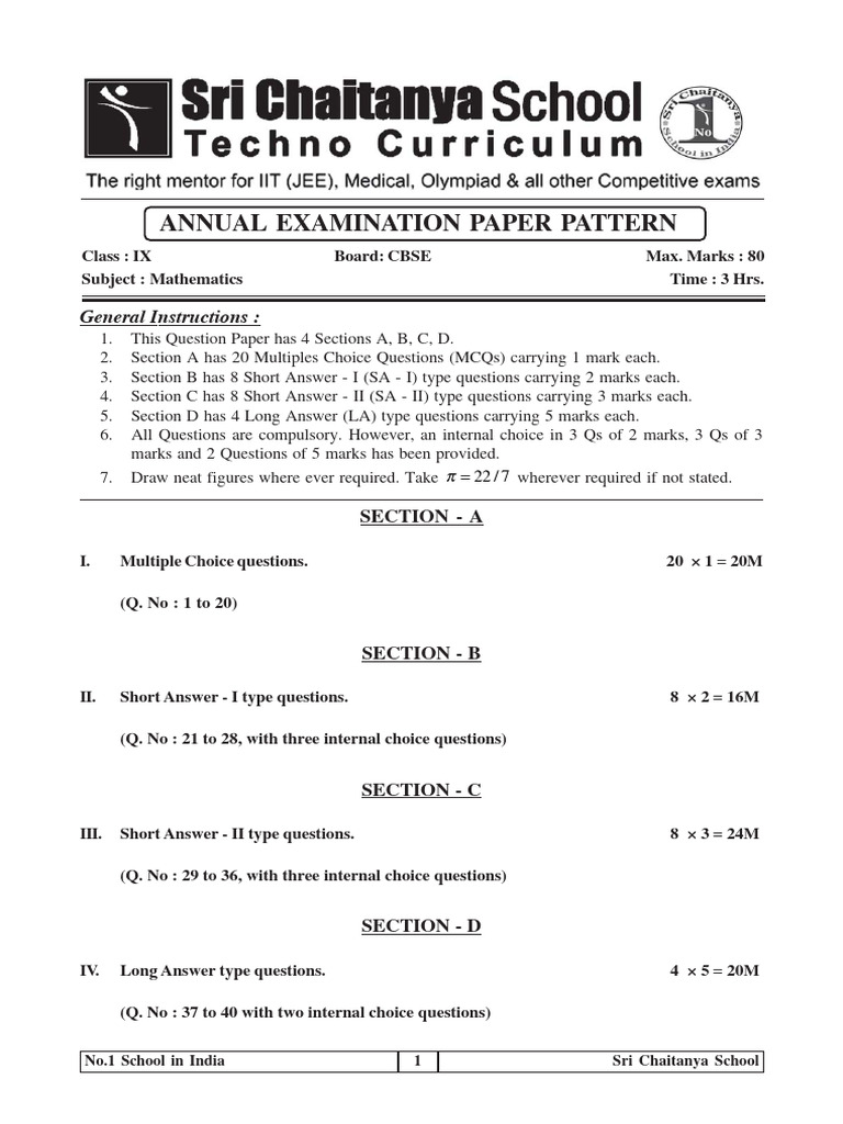 CBSE MATH IX ANNUAL EXAMINATION PAPER PATTERN (2024 - 25) | PDF