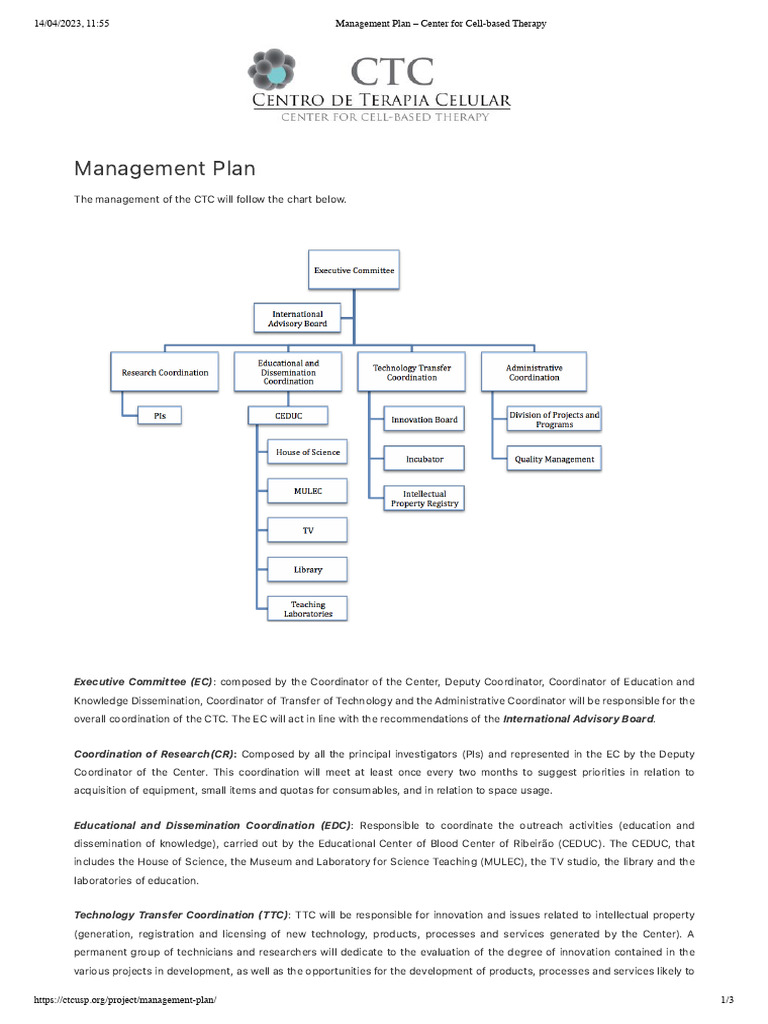 Management Plan - Center For Cell-Based Therapy | PDF | Technology Transfer