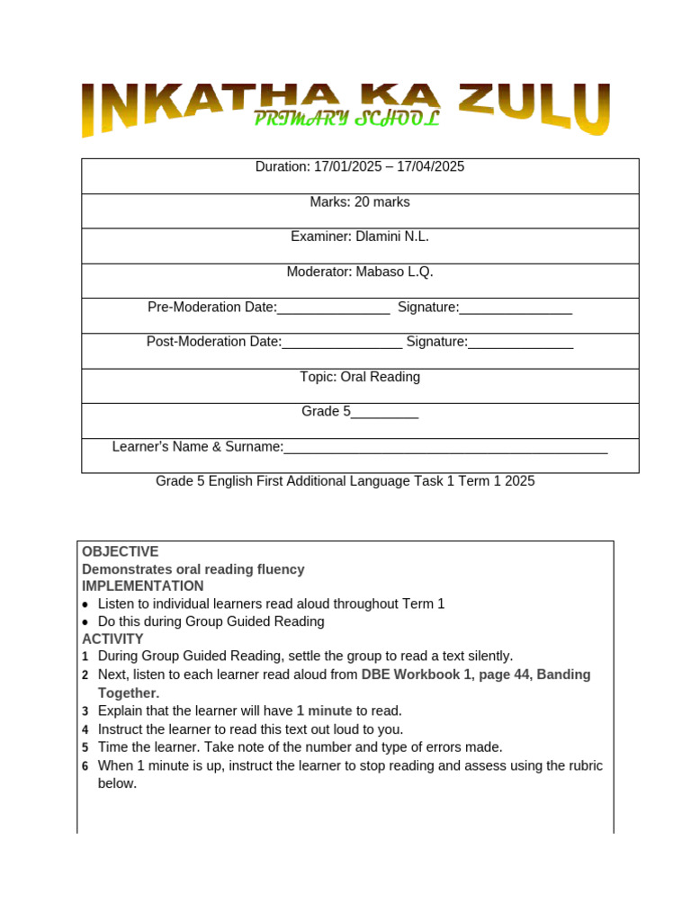 Grade 5 Oral Reading Assessment Term 1 | PDF | Cognitive Science ...