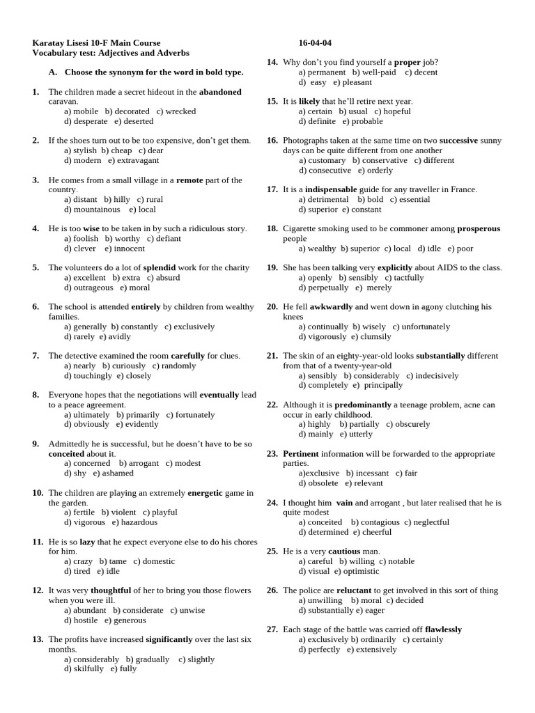 High School Vocabulary Test | PDF