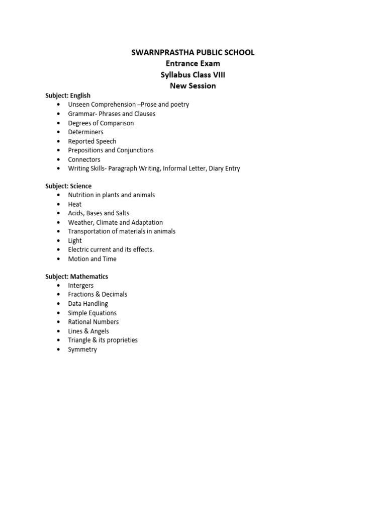 Entrance Exams Syllabus Class Viii Pdf