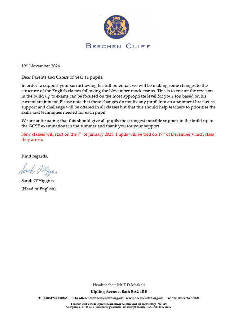 Year 11 English Class Changes Notice | PDF