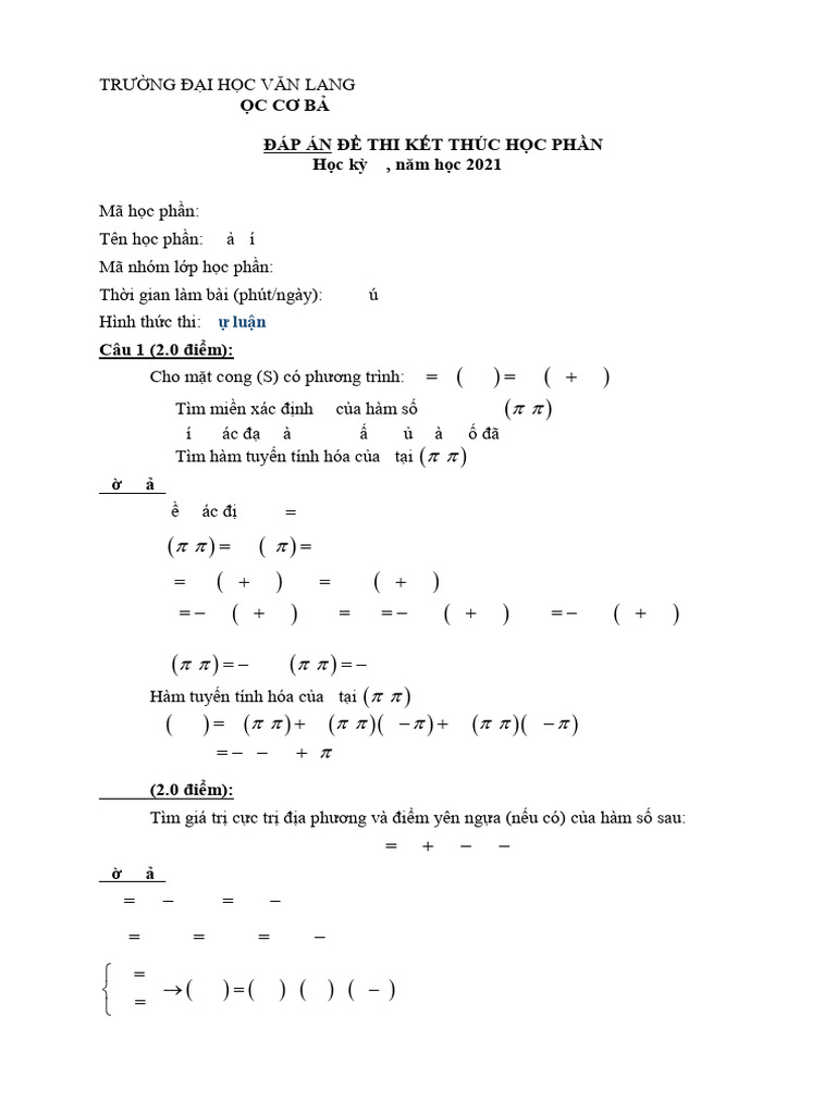 Đáp Án 1 - Giải Tích 2 - HK3 | PDF