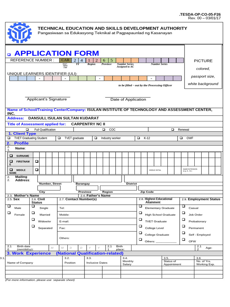 APPLICATION FORM For Assessment CARPENTRY NC II PTC LAMBAYONG | PDF