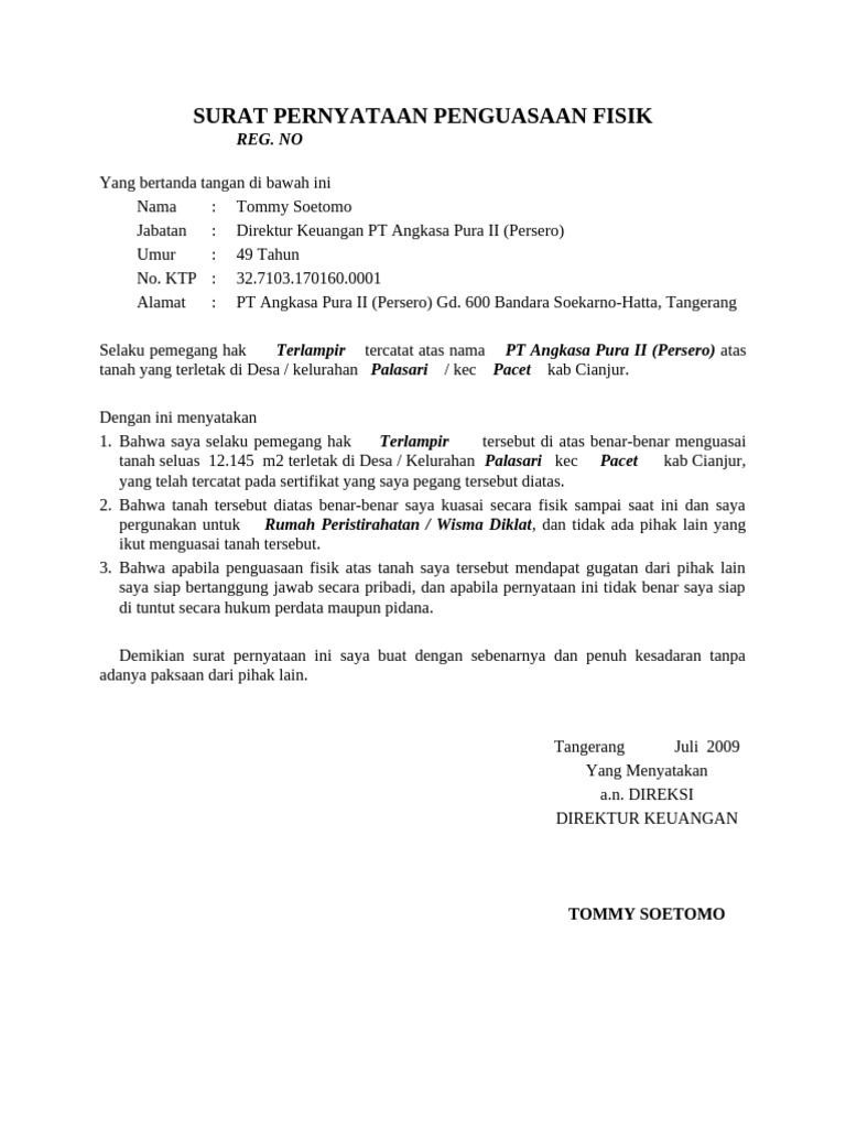 Surat Pernyataan Penguasaan Fisik | PDF