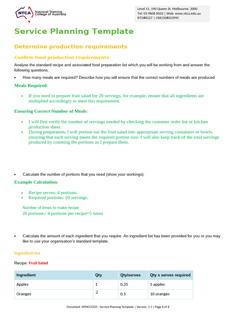 SITHCCC023 - Service Planning Template | PDF | Tablespoon | Cooking