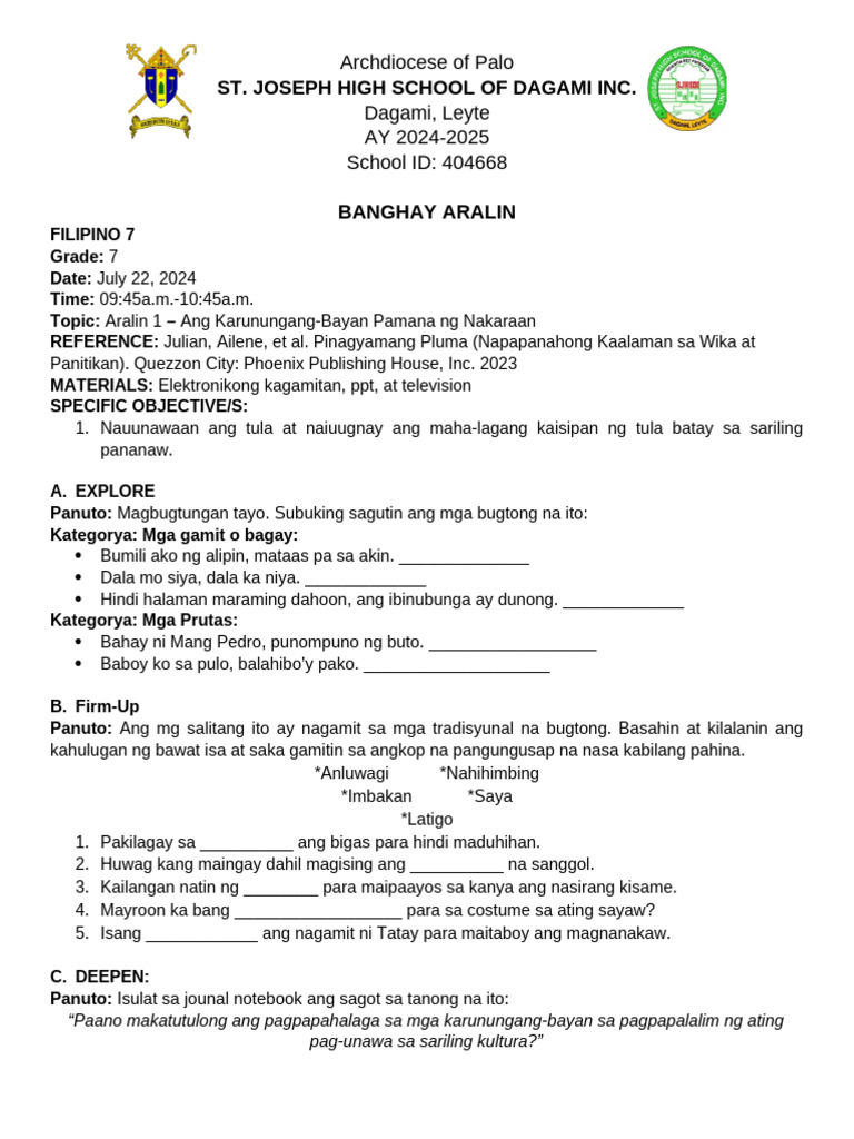 Lesson Plan FIL7 Q1 | PDF