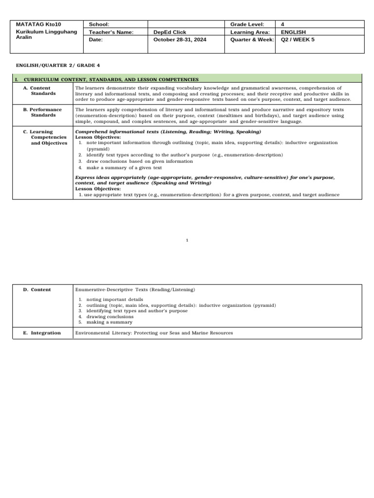 ENGLISH 4_DLL_Q2_WEEK 5 | PDF | Reading Comprehension