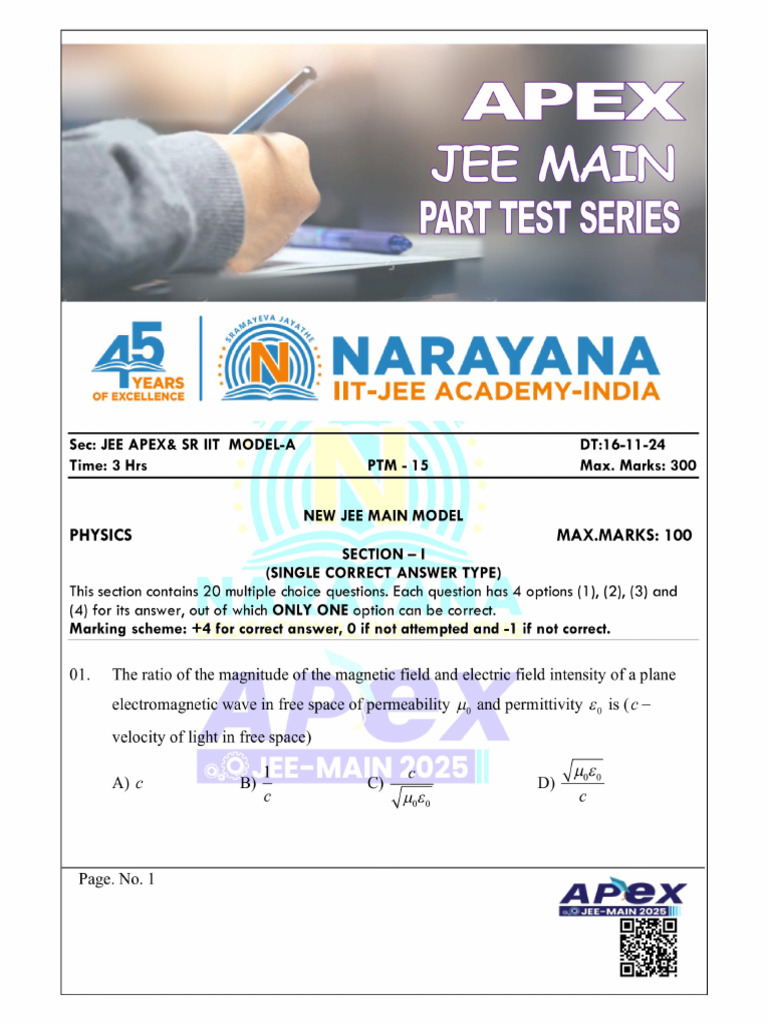 16-11-2024 - SR Iit - Jee Apex - Jee Main Model - ptm-15 - QP Final | PDF