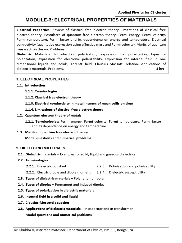 Module 3 - Electrical Properties of Materials 2024 Shubha | PDF ...