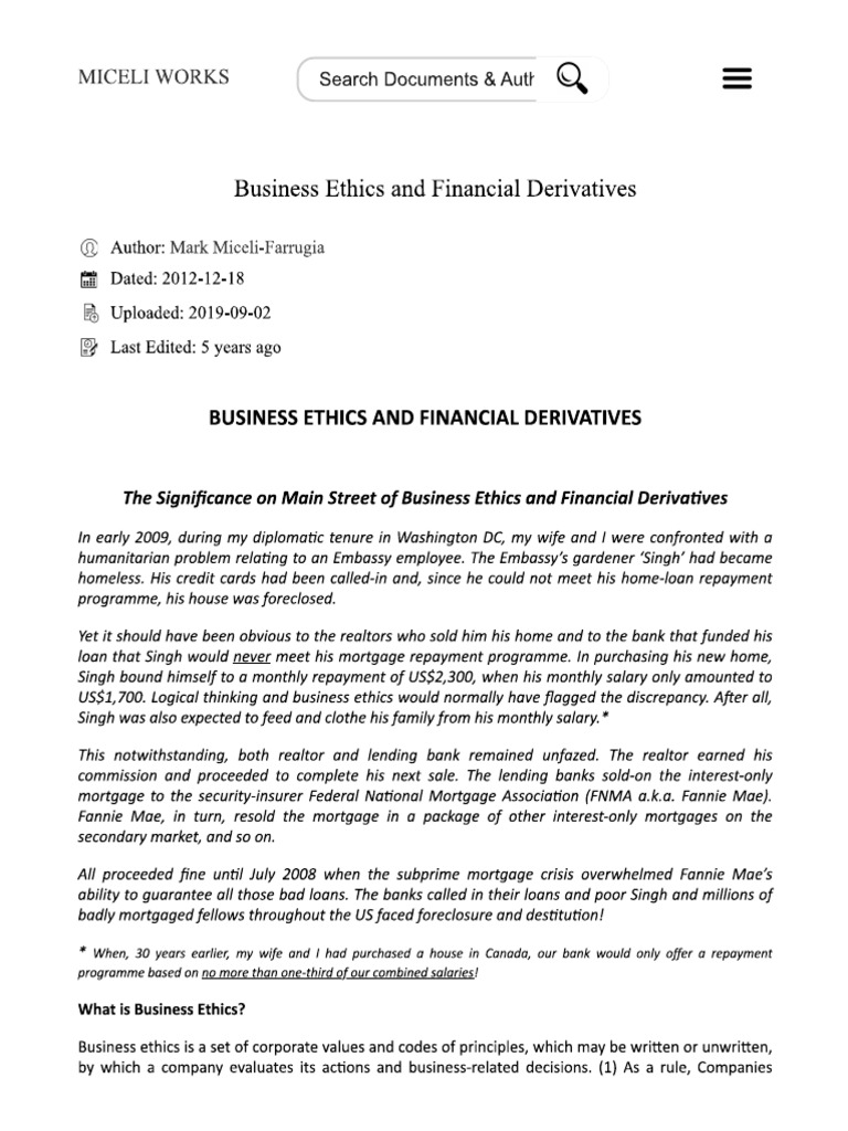 Business Ethics and Financial Derivatives | PDF