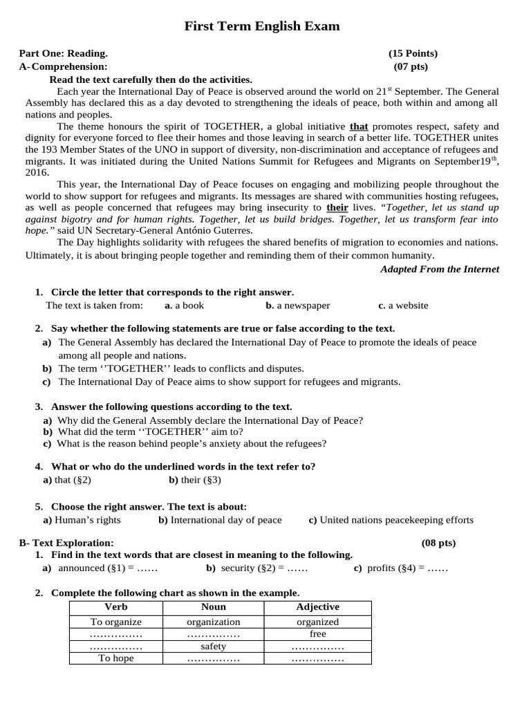 First Term English Exam: Peace Focus | PDF | Peace | Refugee