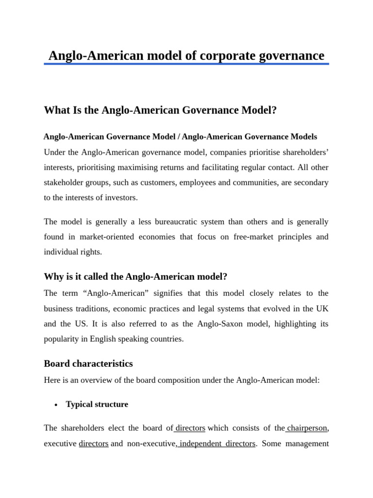Anglo American Model of Corporate Governance | PDF | Corporate ...