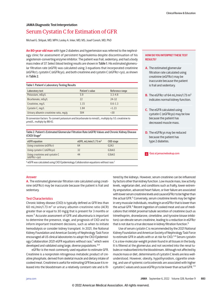 Serum Cystatin C For Estimation of GFR | PDF | Creatinine | Kidney