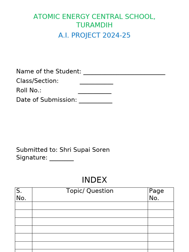 Cover Page and Index Page For AI Project | PDF