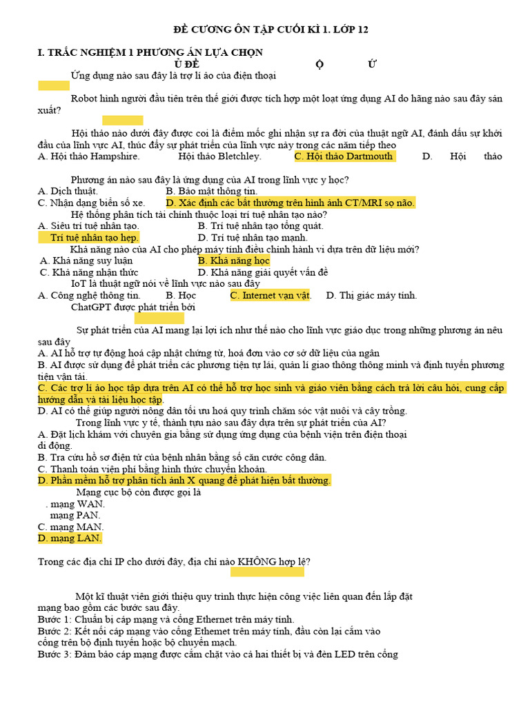 ĐỀ CƯƠNG ÔN TẬP HK1 - K12 - HS - in | PDF