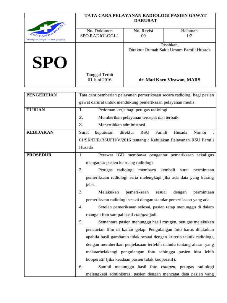 Spo - Radiologi - 1 Tata Cara Pelayanan Radiologi Pasien Gawat Darurat ...