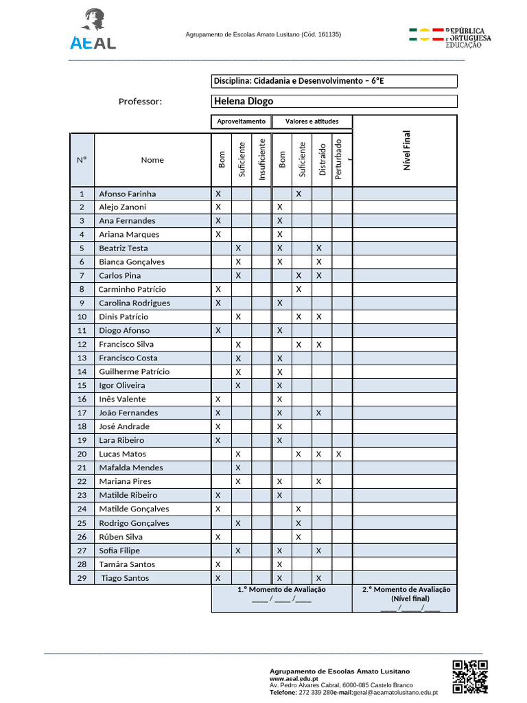 Ficha de Avaliação Semestral - Cidadania 2024.25 - 6ºE | PDF