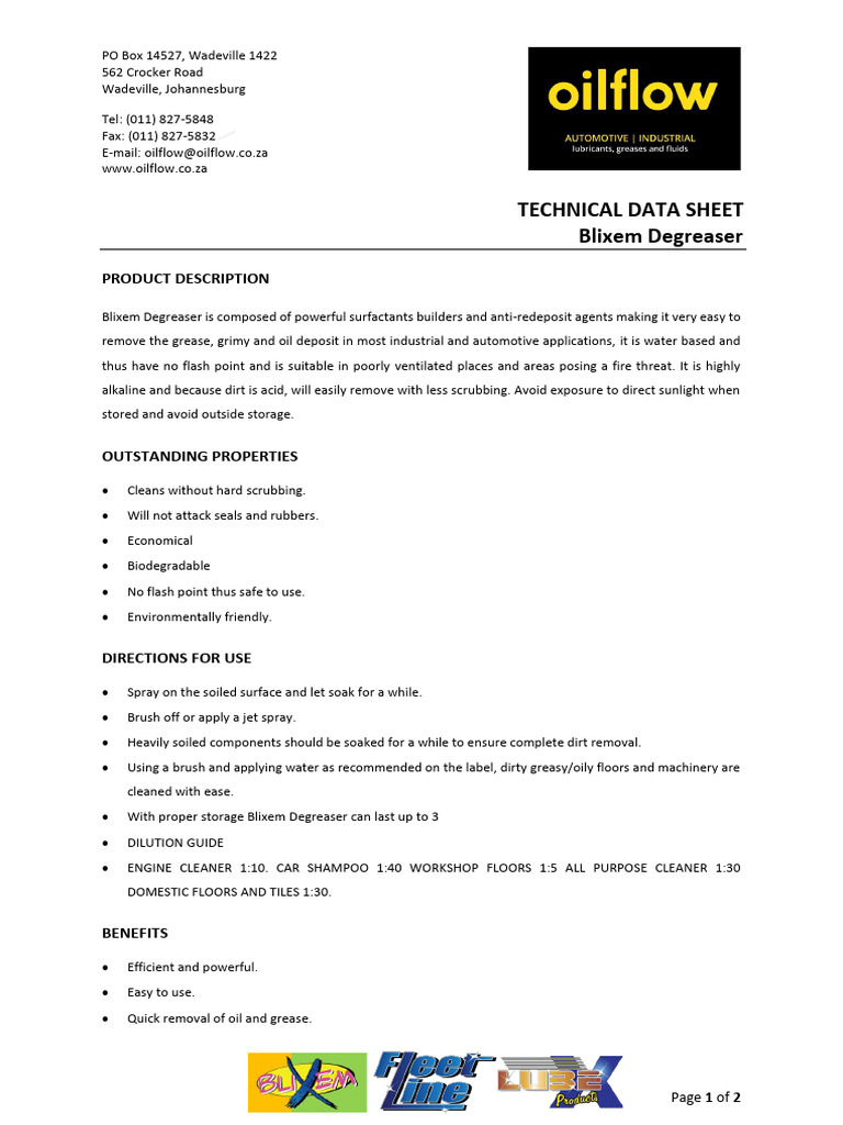 Blixem Degreaser Technical Data Sheet | PDF | Materials