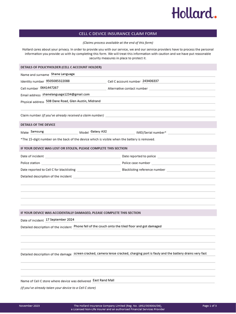 Cell C Device Insurance Form | PDF | Insurance