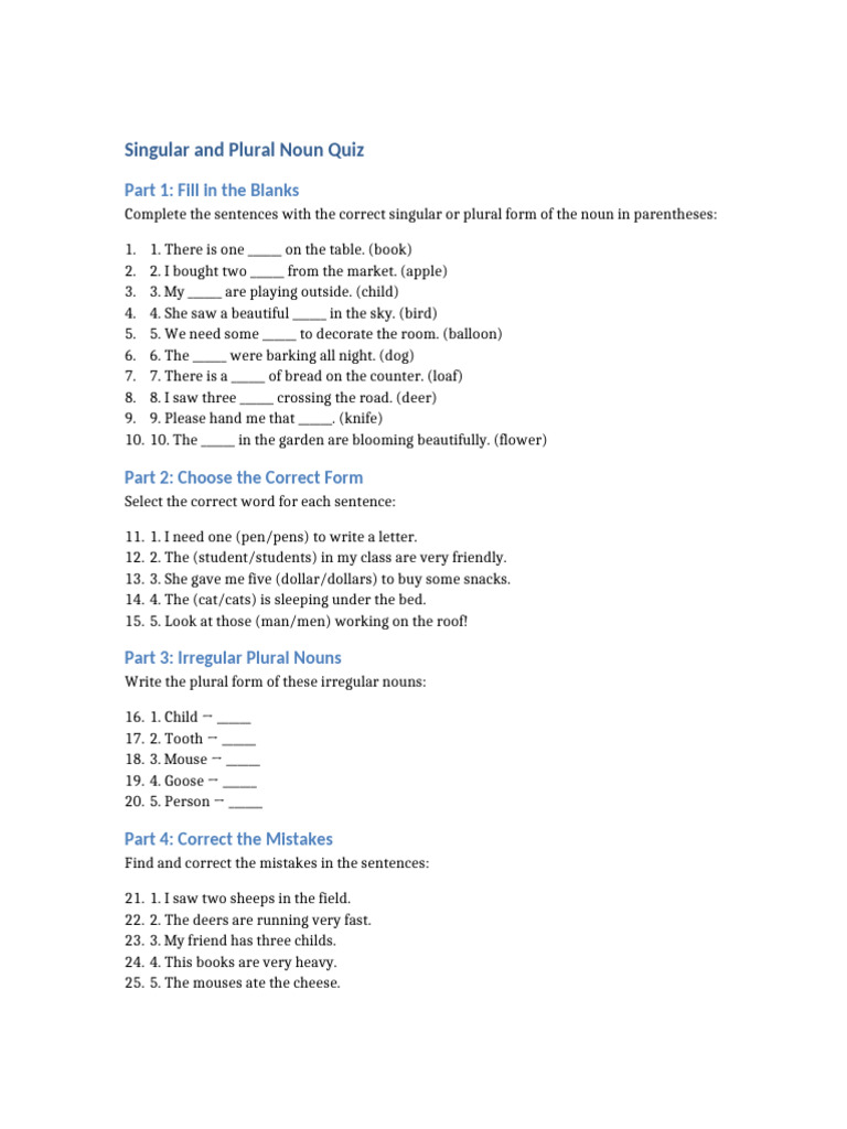 Singular and Plural Noun Quiz | PDF