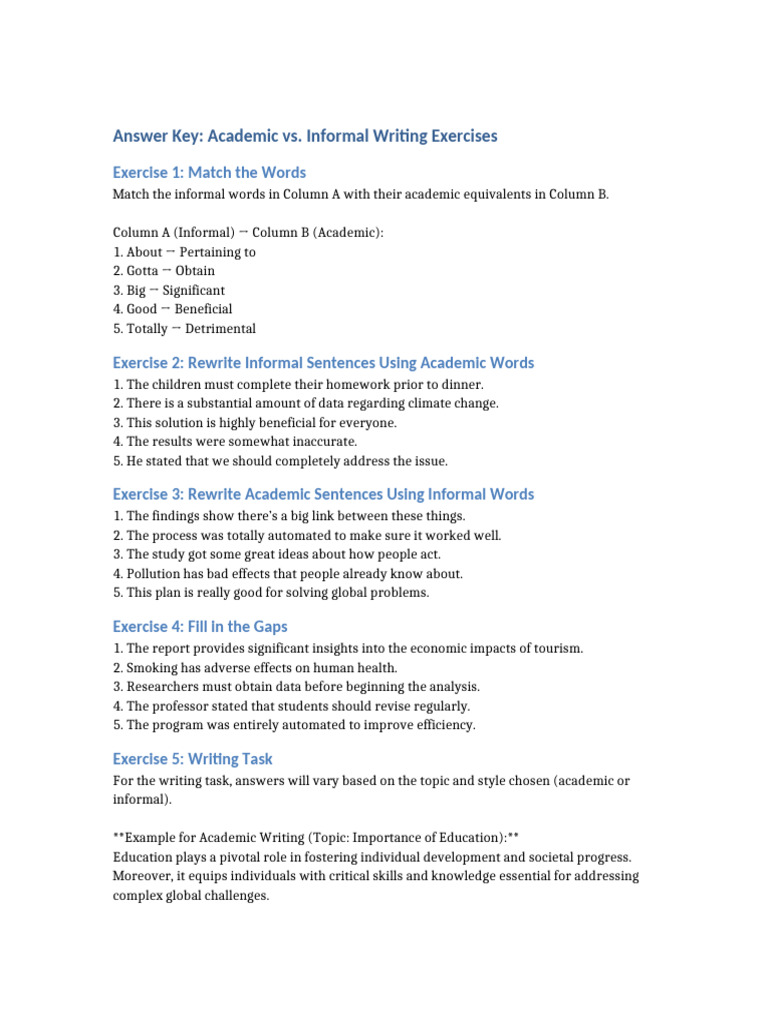 Academic Vs Informal Writing Answer Key | PDF