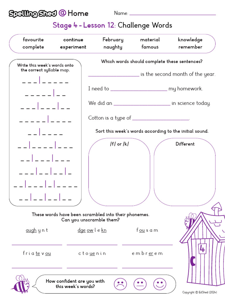 Stage 4 Lesson 12 Challenge Words - Homework Sheet | PDF