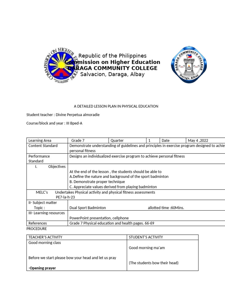 LESSON PLAN P.E Demo Teaching | PDF