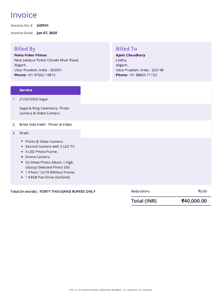 invoice-245741-neha-video-filmas-ajeet-chaudhary | PDF