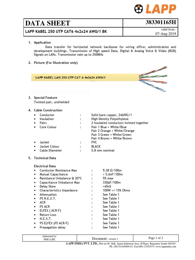 CAT6 UTP Cable Data Sheet | PDF | Electrical Engineering | Electronic Engineering