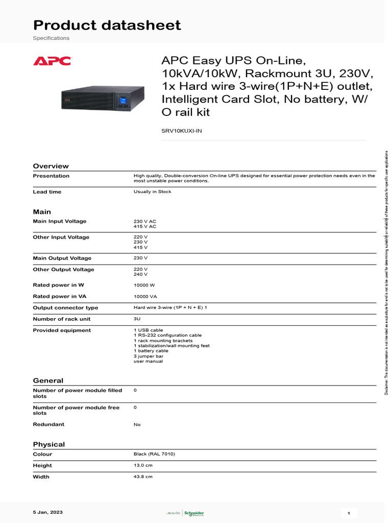 APC 10kVA Rackmount UPS Datasheet | PDF | Usb | Manufactured Goods