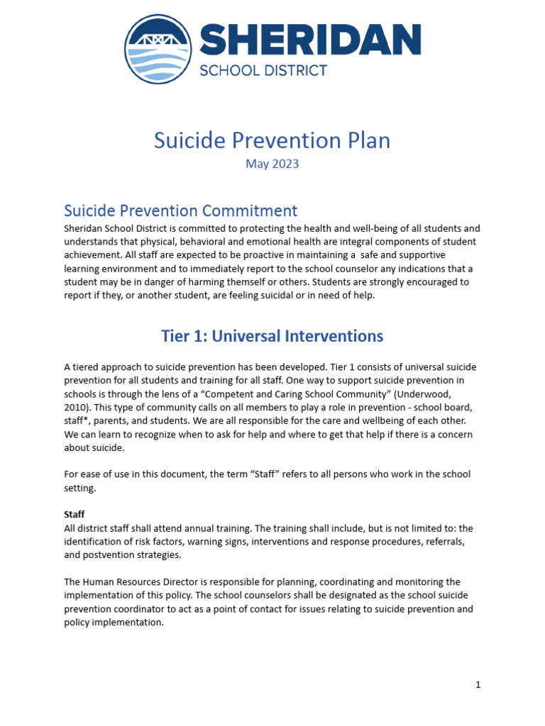 Sheridan School District Suicide Prevention Plan | PDF | Mental Health ...