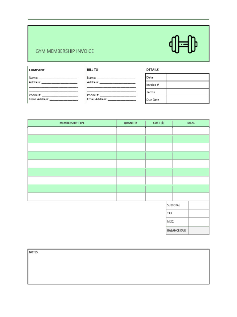 Gym Membership Invoice Template | PDF