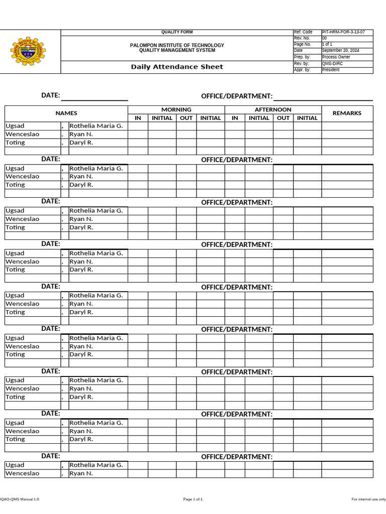 7 Daily Attendance Sheet From IQA | PDF